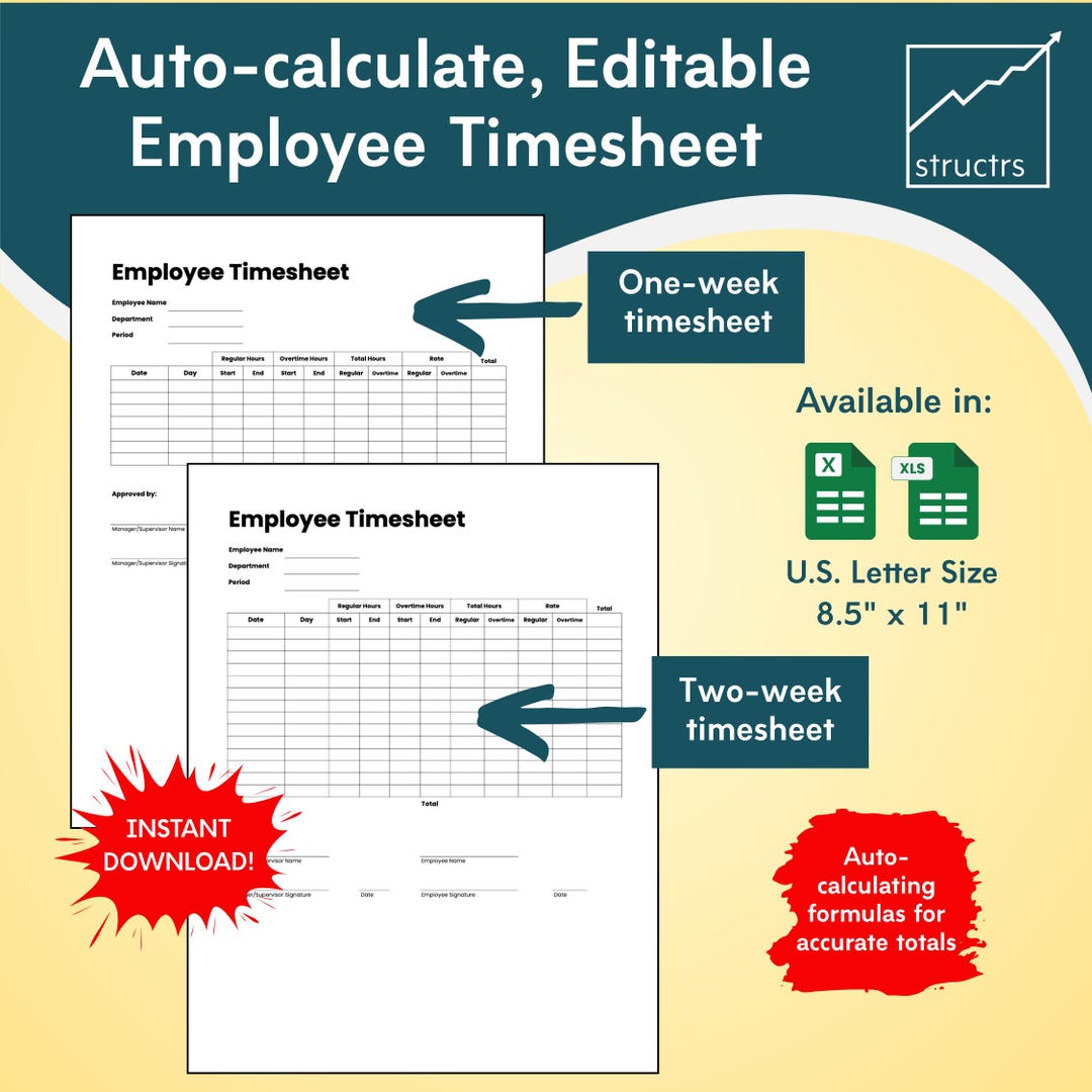 Auto-calculating Employee Timesheet Template: Excel + Google Sheets ...
