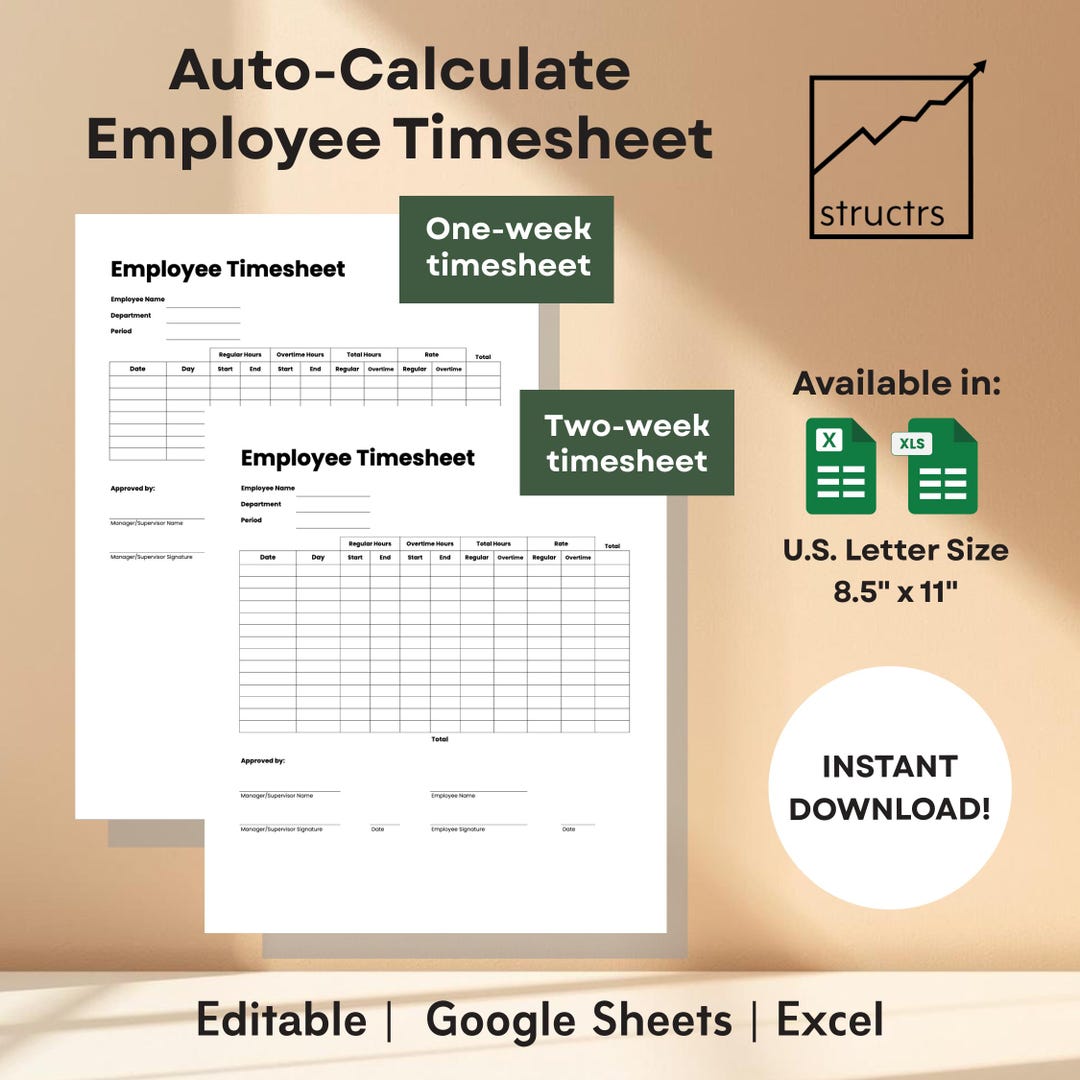 Auto-calculating Employee Timesheet Template: Excel + Google Sheets ...