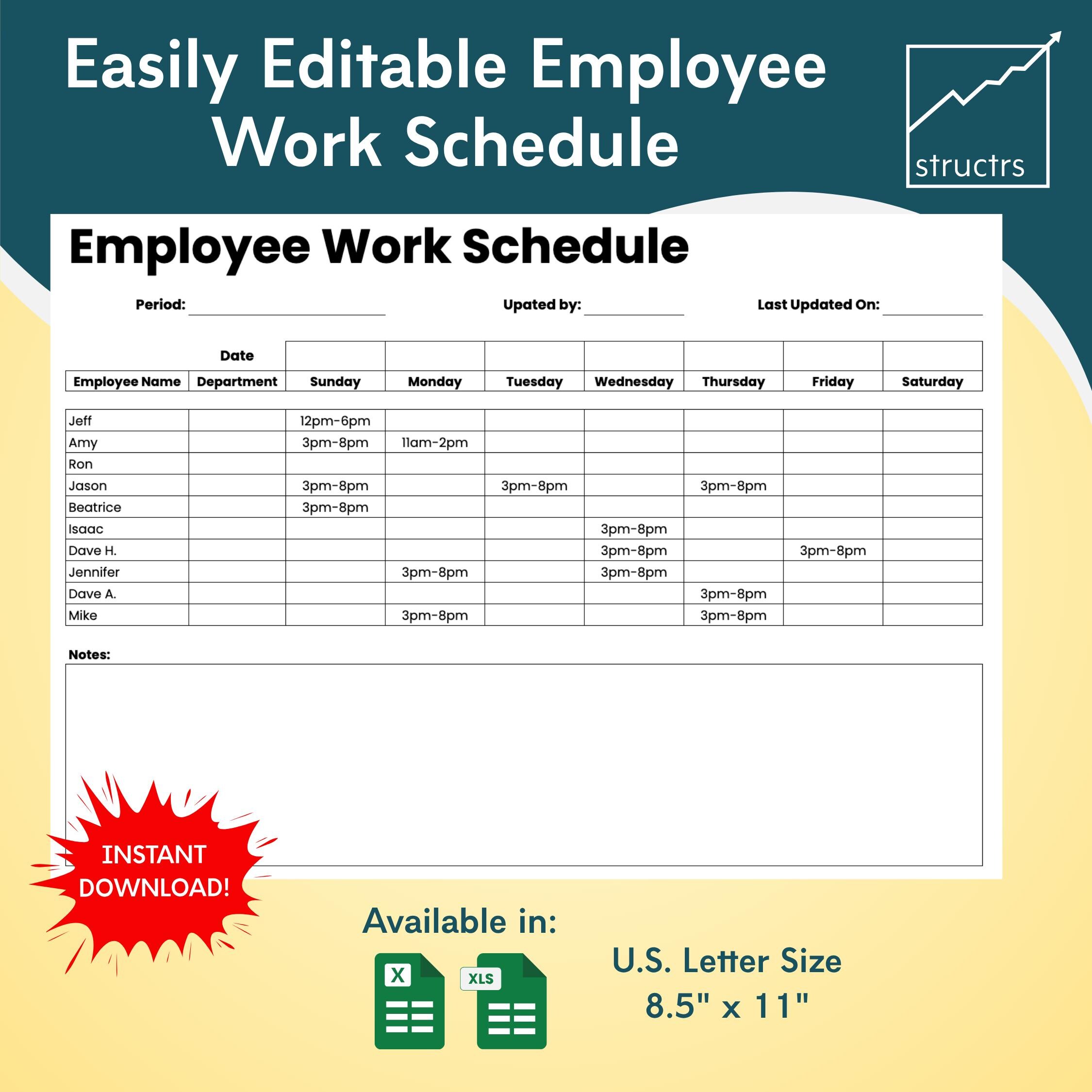 Employee Work Schedule Template | Google Sheets & Excel | Customizable ...