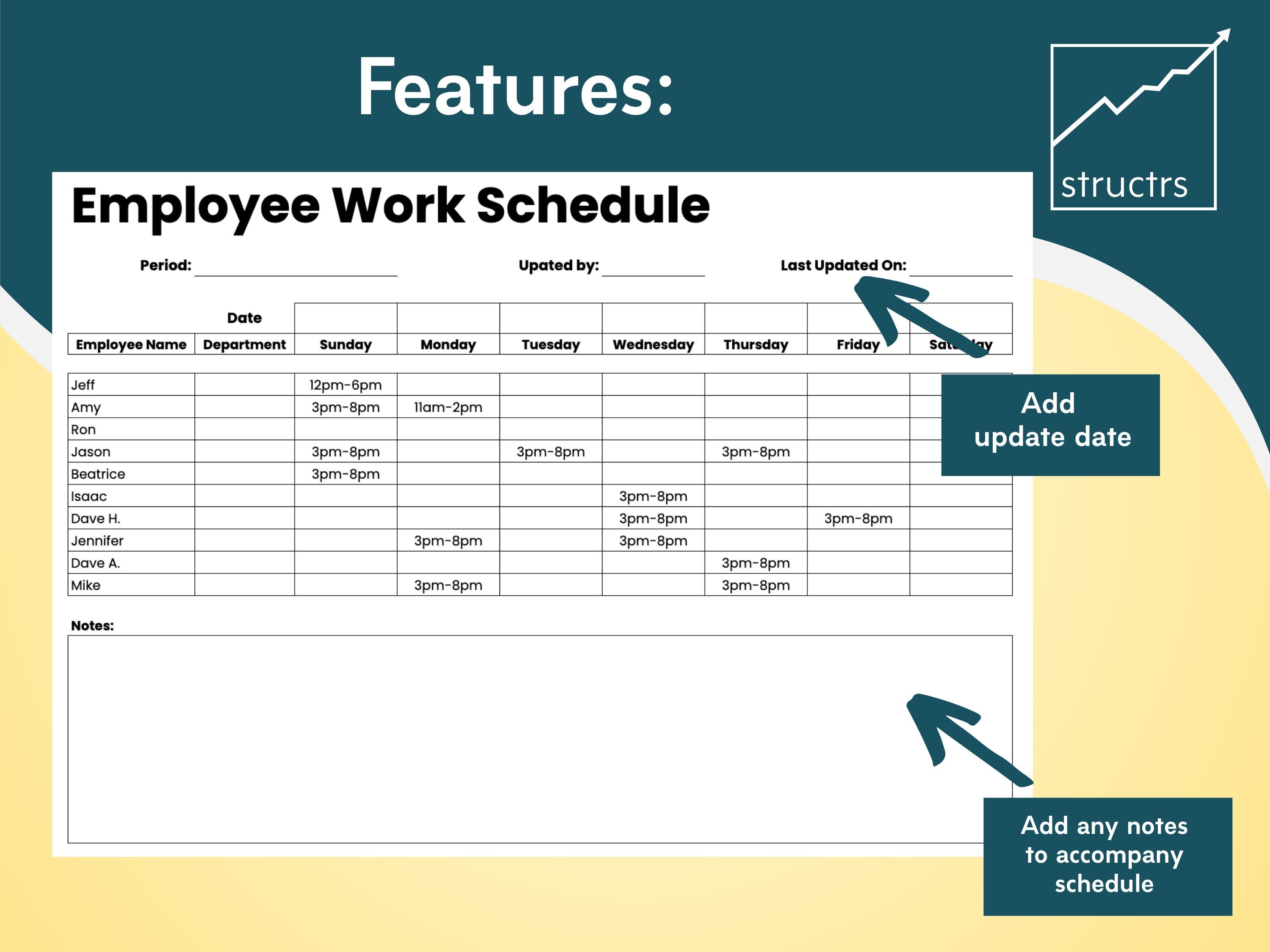Employee Work Schedule Template | Google Sheets & Excel | Customizable ...