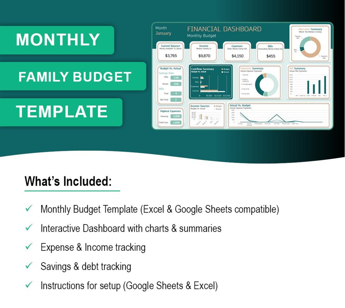 Monthly Family Budget Template Excel & Google Sheets | Visual Dashboard ...