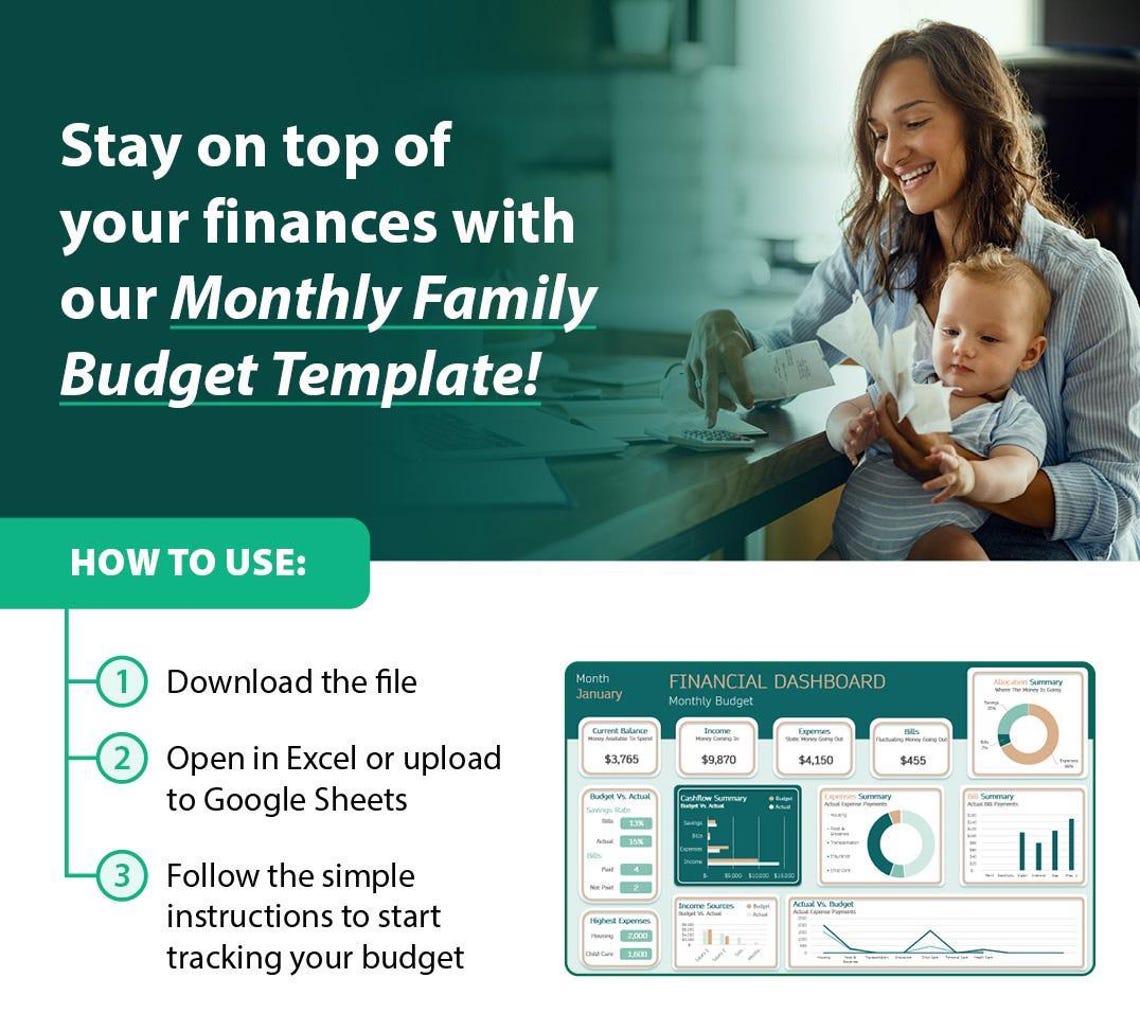 Monthly Family Budget Template Excel & Google Sheets | Visual Dashboard ...
