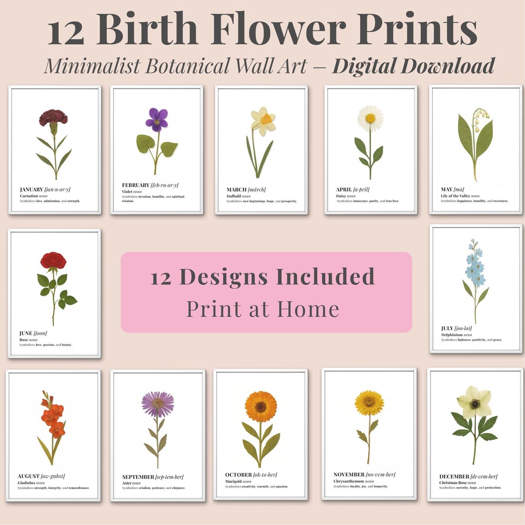 12 Birth Flower Prints – Minimalist Botanical Wall Art – Digital ...