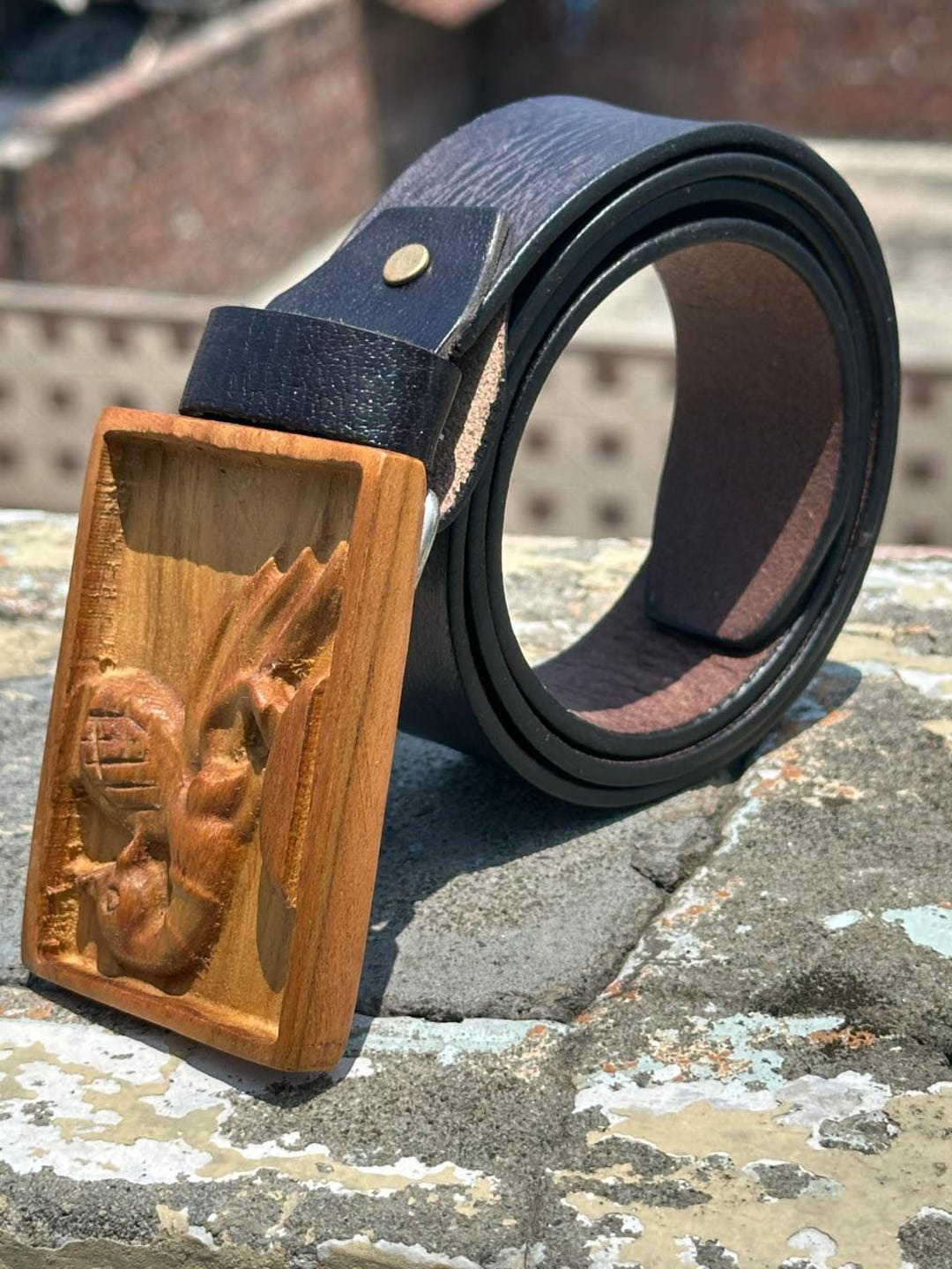 The Grey Charcoal Leather Belt, Hand Bird Carved Wooden Backal ...