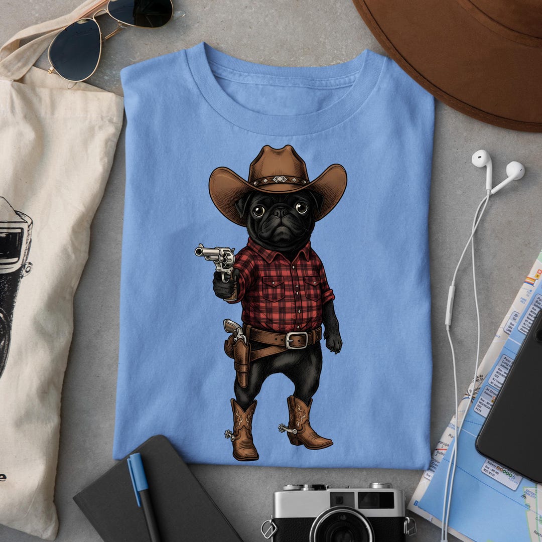 Cowboy Pug Dog Funny Western Outfit Shirt, Red Pug Cowboy Meme Shirt ...