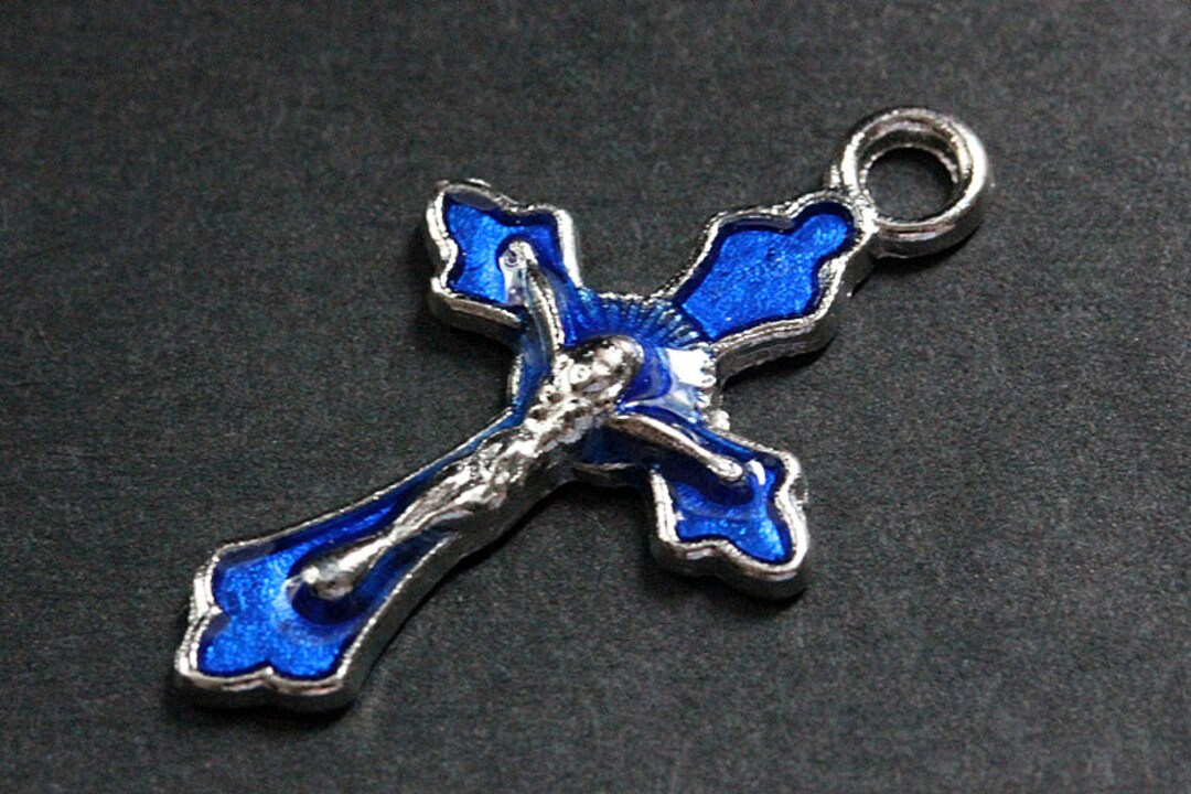 Blue Enamel Cross in Silver. Rosary Cross Charm. Blue Cross. Crucifix ...
