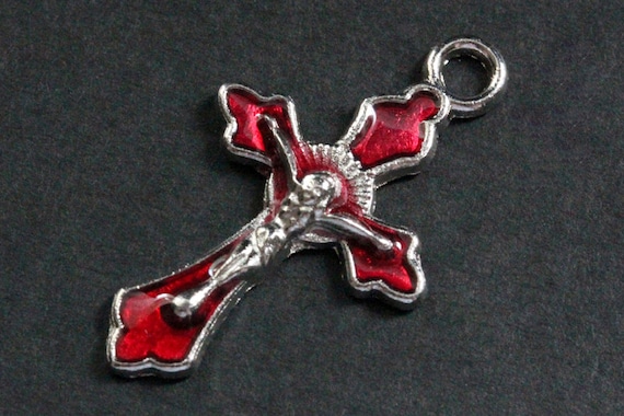 Red Enamel Cross in Silver. Rosary Cross Charm. Red Cross. - Etsy