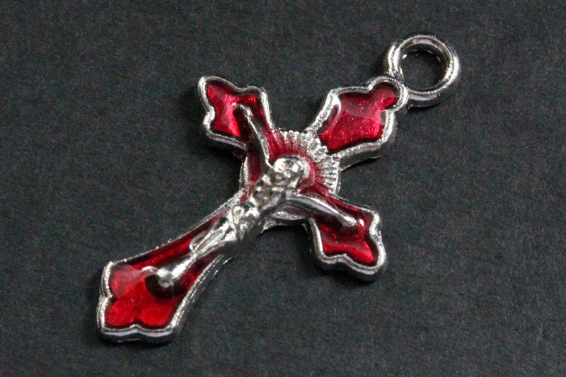 Red Enamel Cross in Silver. Rosary Cross Charm. Red Cross. - Etsy