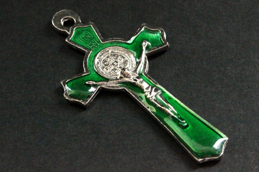 Green Enamel Cross in Silver. Italian St Benedict Cross Charm. Rosary ...
