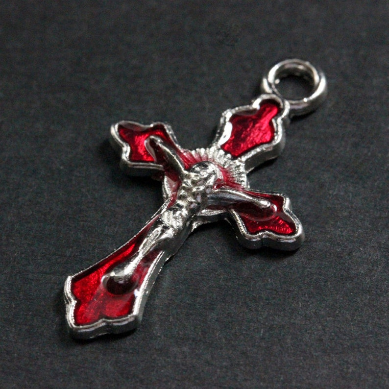 Red Enamel Cross in Silver. Rosary Cross Charm. Red Cross. Crucifix ...