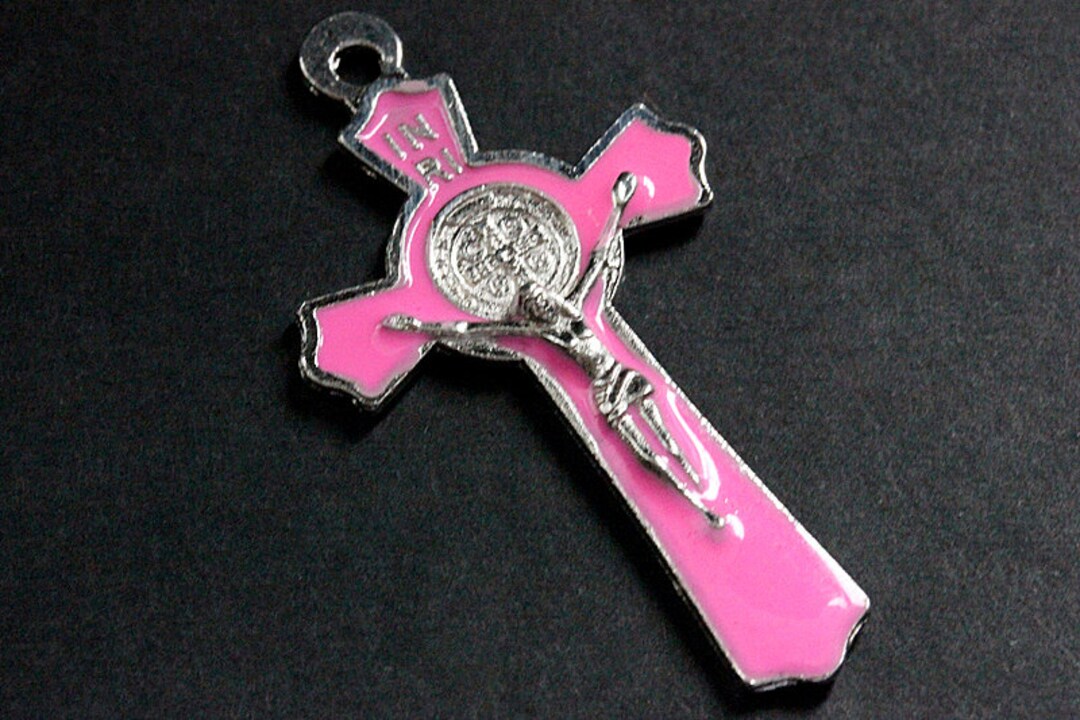 Pink Enamel Cross in Silver. Italian St Benedict Cross Charm. Rosary ...