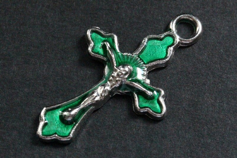 Green Enamel Cross in Silver. Rosary Cross Charm. Green Cross. | Etsy