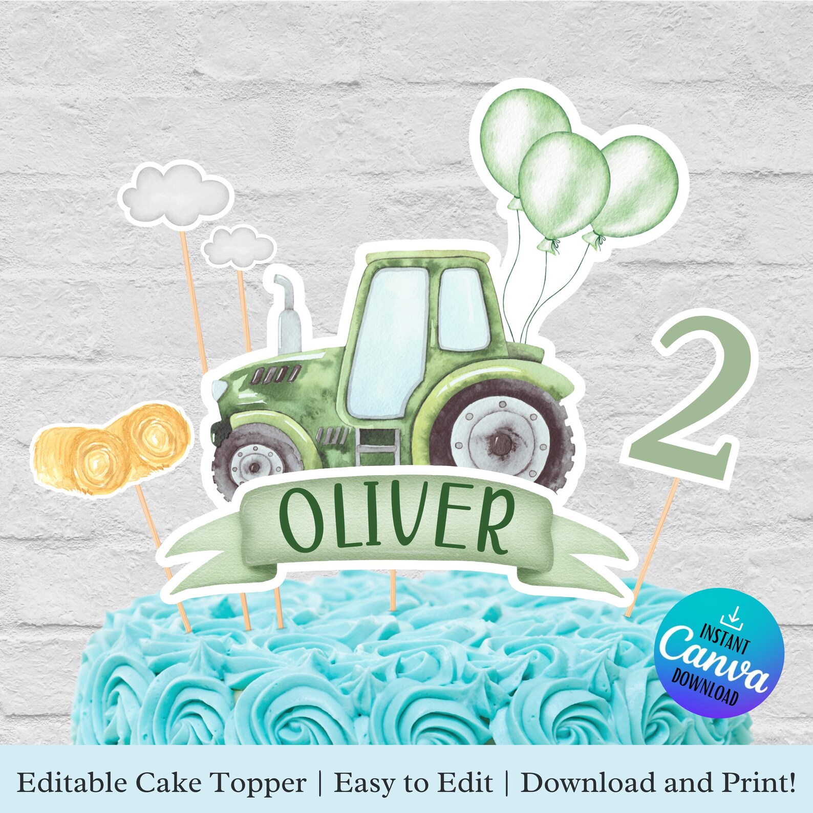 Tractor Cake Topper: Farm Birthday Party Decor (canva Template Digital ...