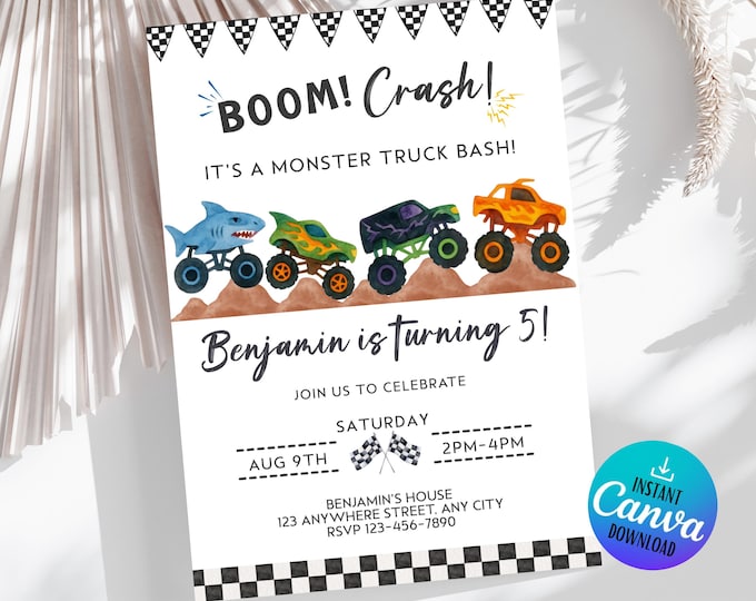 Printable Preppy Monster Truck Birthday Invitation - Boom! Crash ...