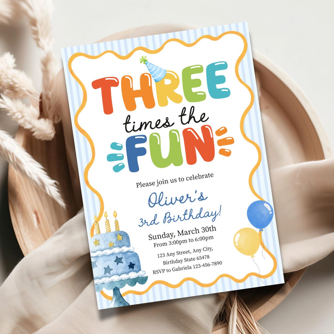 Three Times the Fun Birthday Invitation, Colorful Editable Template for ...
