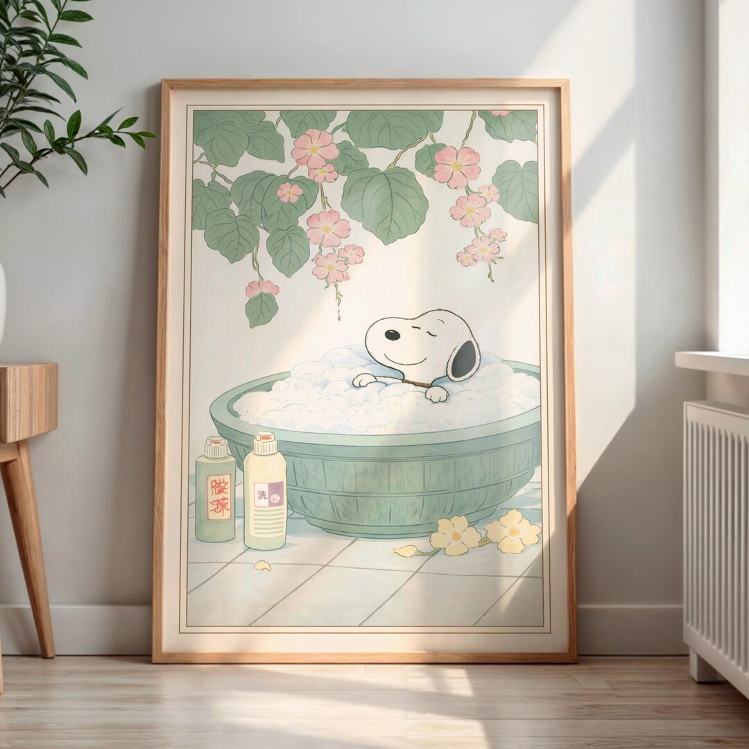 Snoopy Bath Poster, Relaxing Snoopy Wall Art, Japanese Spa Illustration ...