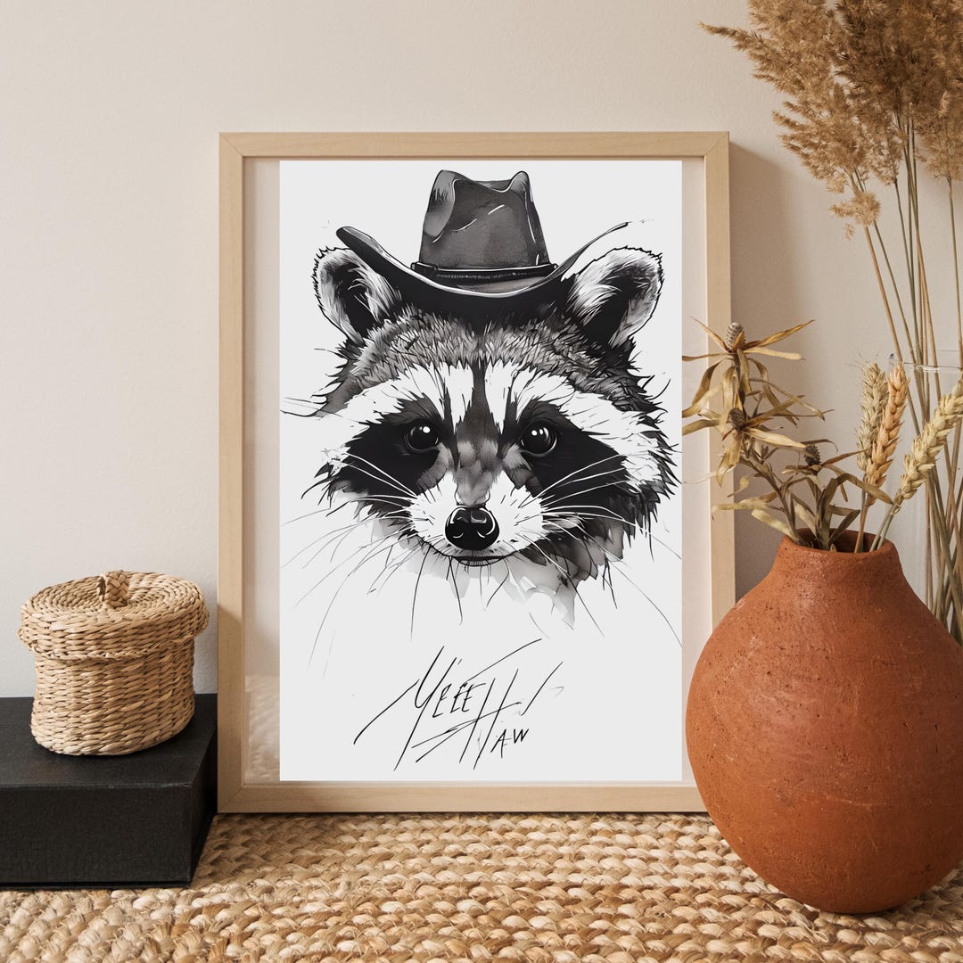 Raccoon Wall Art | Quirky Wall Decoration | Vintage Cowboy Raccoon ...