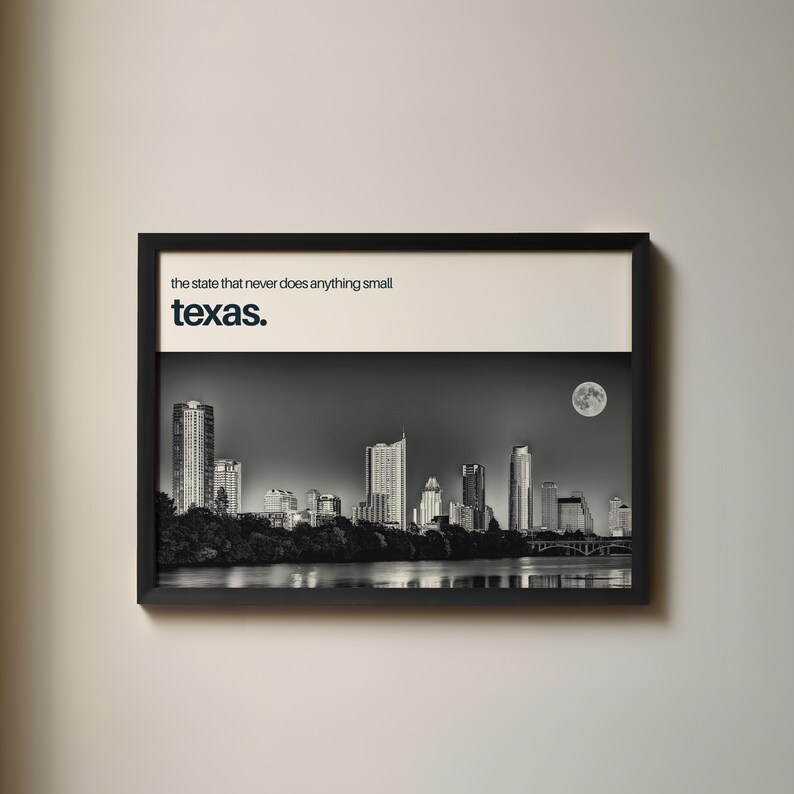 Minimalist Texas Art Print: Black & White Austin Skyline Poster ...