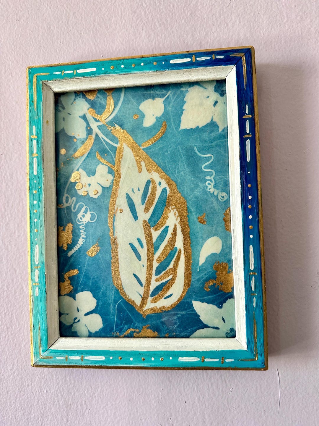 Hand Painted Frame, Cyanotype With Gold Leaf , “flashy Monstera ...