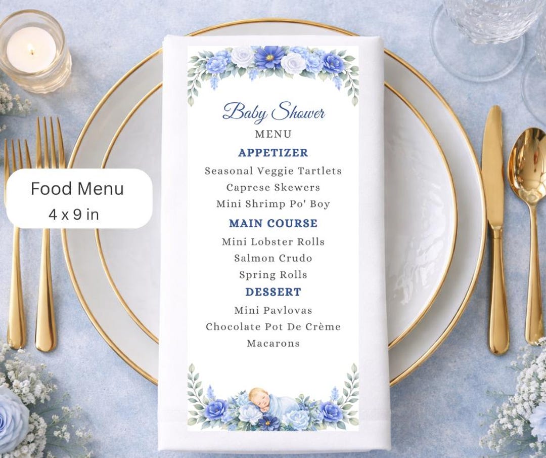 Baby in Bloom Blue Floral Food Menu Card, Boy Baby Shower (4x9 Inches ...