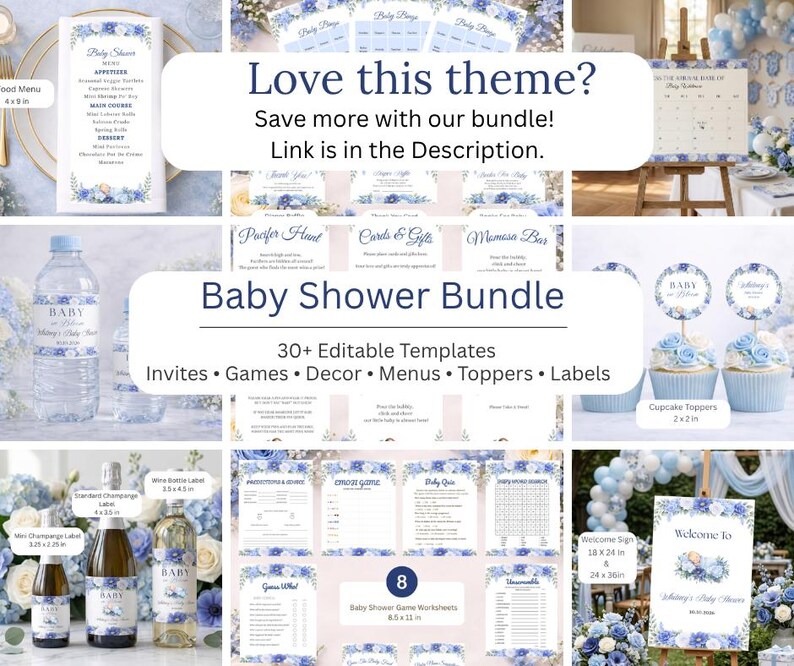 Baby in Bloom Blue Floral Food Menu Card, Boy Baby Shower (4x9 Inches ...