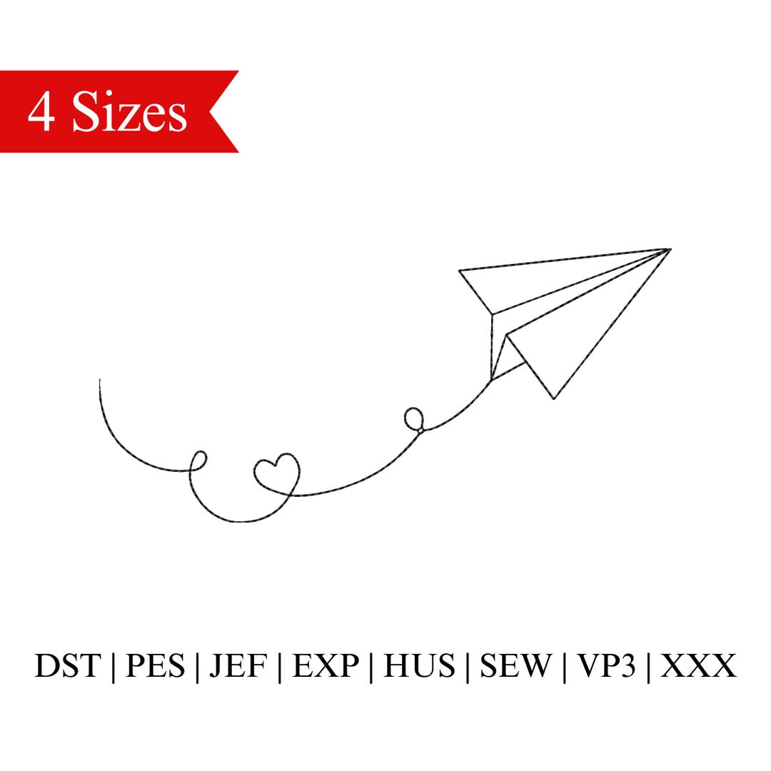Paper Plane Heart Embroidery Design: Run Stitch, 4 Sizes (instant ...