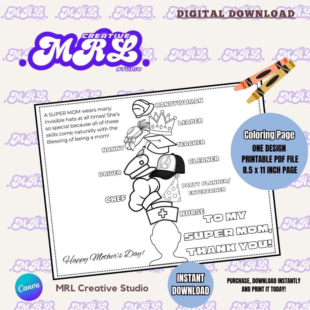 Printable Super Mom Color Page, Mothers Day Gift Mothers Day Activity ...