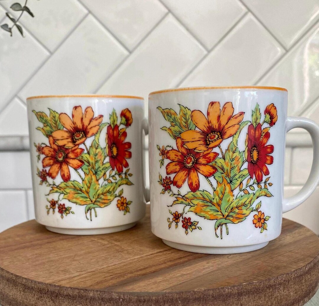 Vintage Poppy Coffee Mugs: 1970s Floral Kitchen Decor, Made in Japan ...