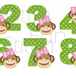 Girl Sock Monkey Birthday Applique Numbers Machine Embroidery Design - Etsy