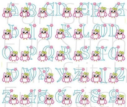 Set of 26 Owl Applique Font Letters Machine Embroidery Design Digital ...