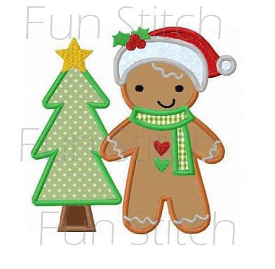 Christmas Tree Gingerbread Man With Santa Hat Applique Machine - Etsy