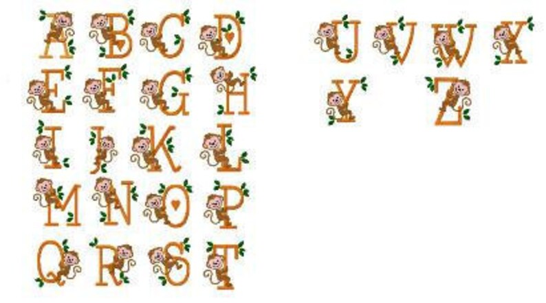 Set of 26 monkey letters font machine embroidery design | Etsy