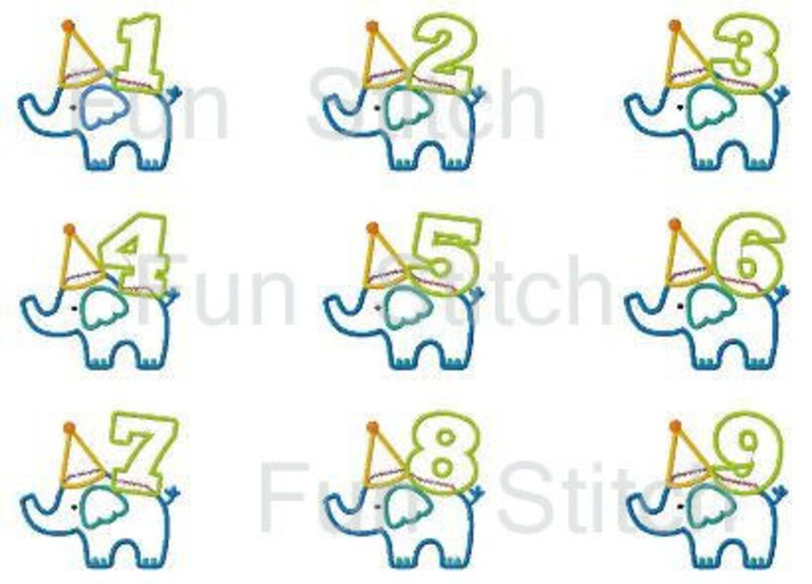 Elephant birthday numbers applique machine embroidery design | Etsy