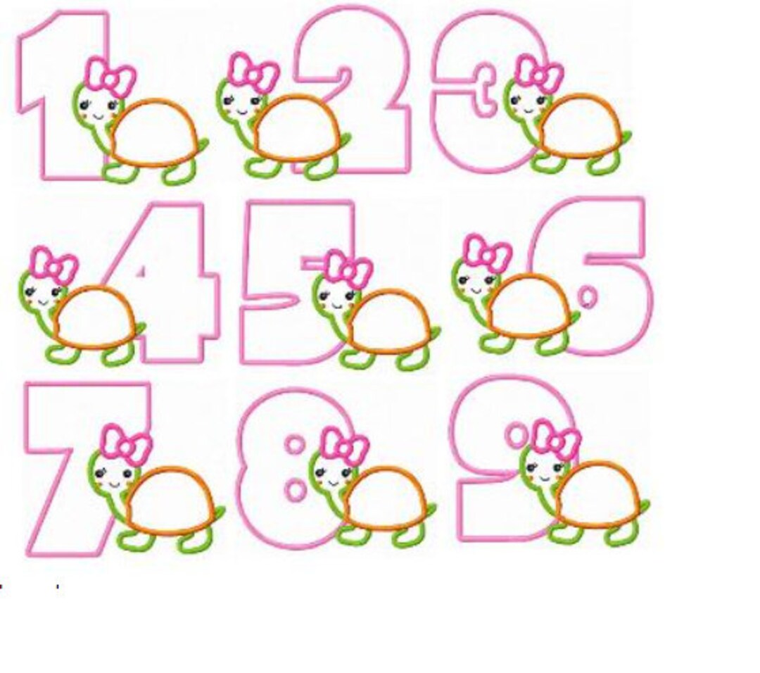Set of 10 Girl Turtles Numbers Machine Embroidery Applique Digital ...