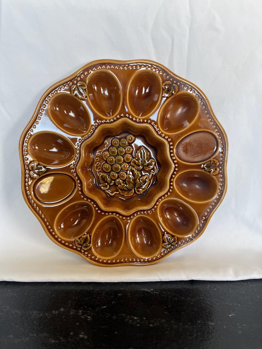 Vintage Brown Ceramic Deviled Egg Plate | Grape & Leaf Design | Mid ...