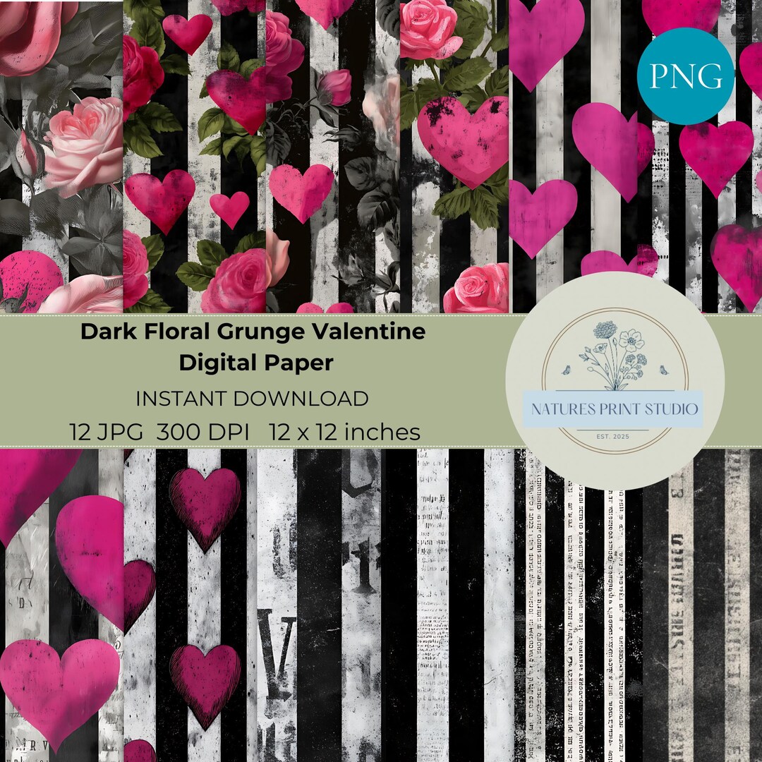 12 Dark Floral Valentine Digital Paper, Seamless Pink Roses and Black ...