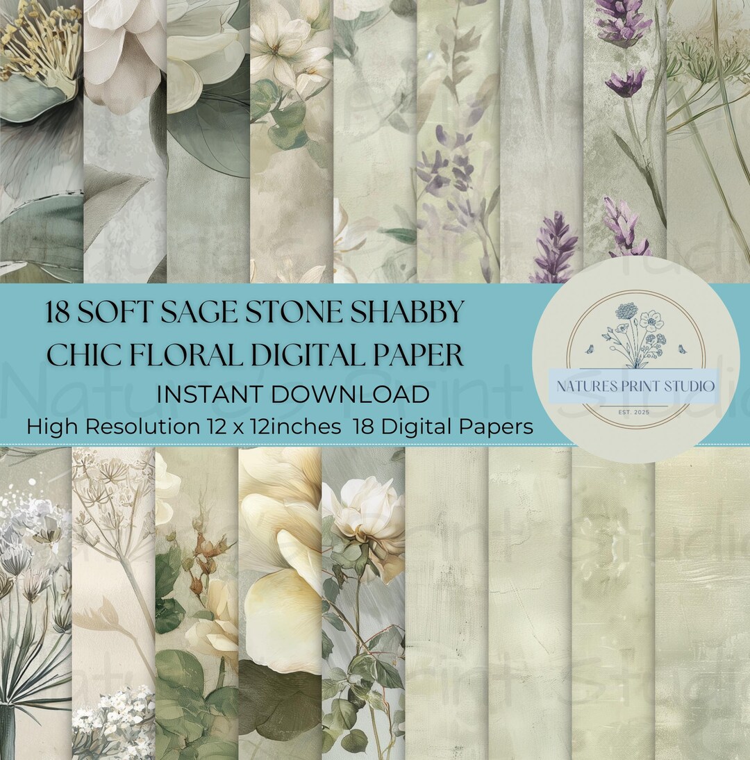 Soft Sage Stone Shabby Chic Floral Digital Paper, Seamless Vintage ...