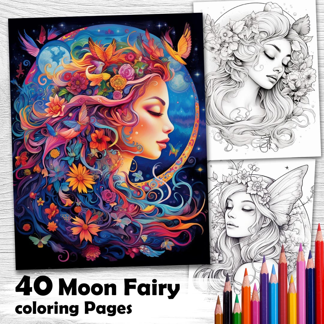 Moon Fairy Coloring Pages for Kids – 40 Pages – Magical Nighttime ...