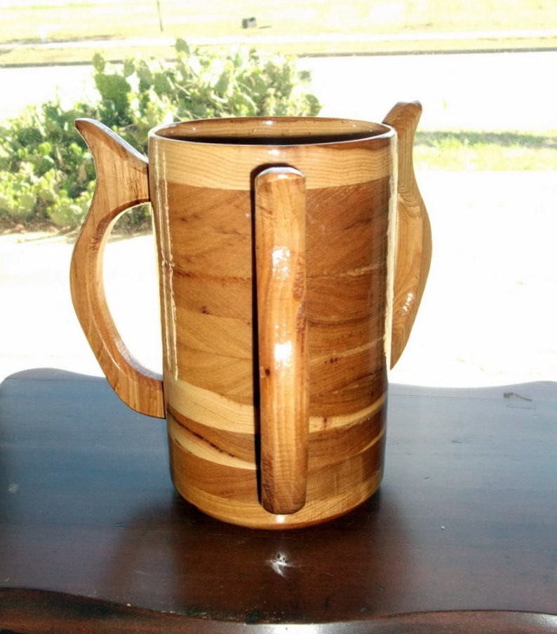 Handcrafted 3 Handled Wood Mug Hickory 64 oz Tankard Beer | Etsy
