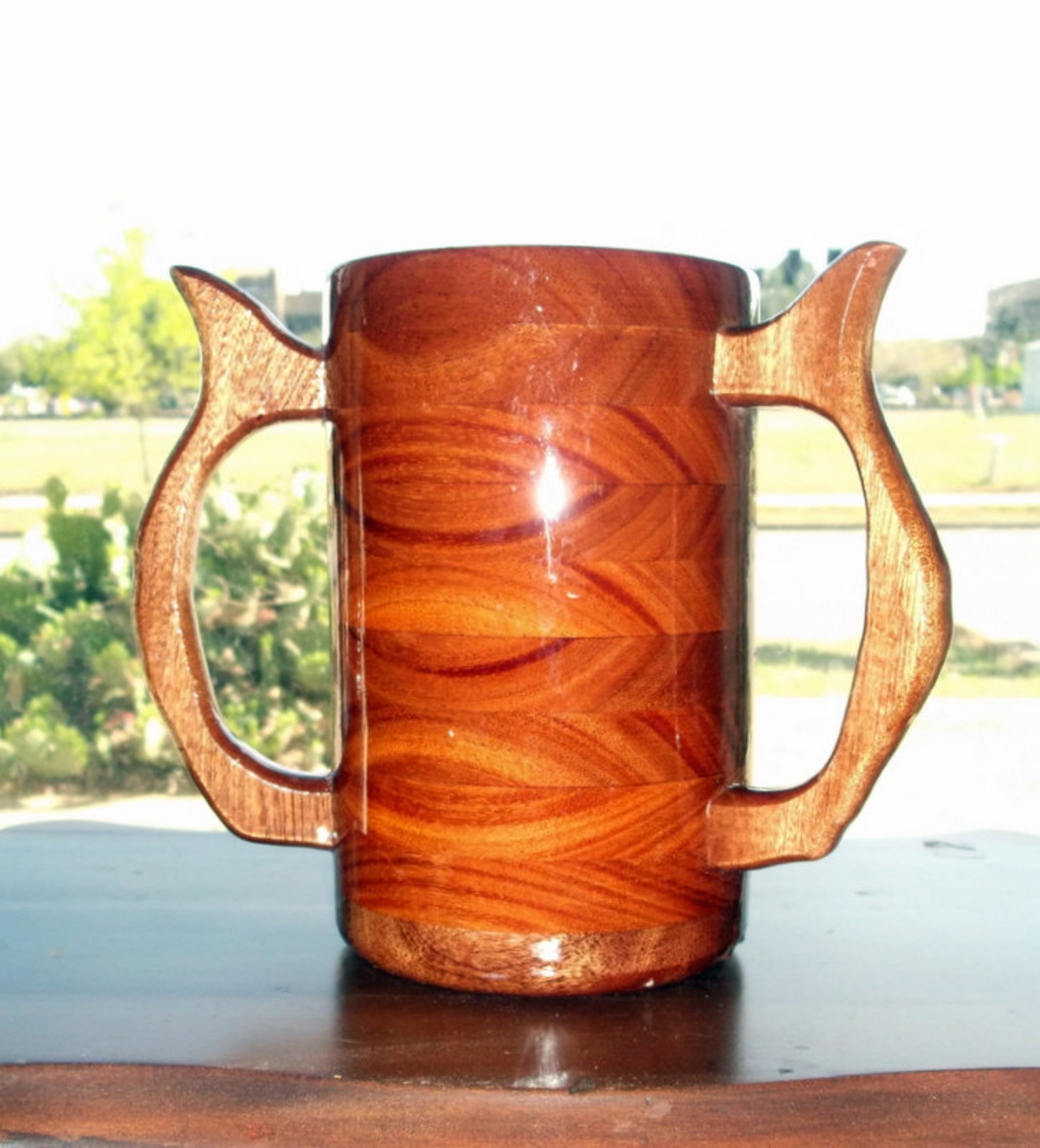 Handcrafted 3 Handled Wood Mug Mahogany 64 oz Tankard Beer | Etsy