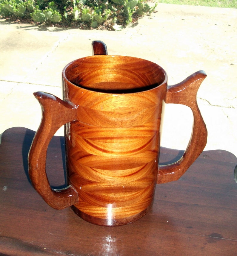 Handcrafted 3 Handled Wood Mug Mahogany 64 oz Tankard Beer | Etsy