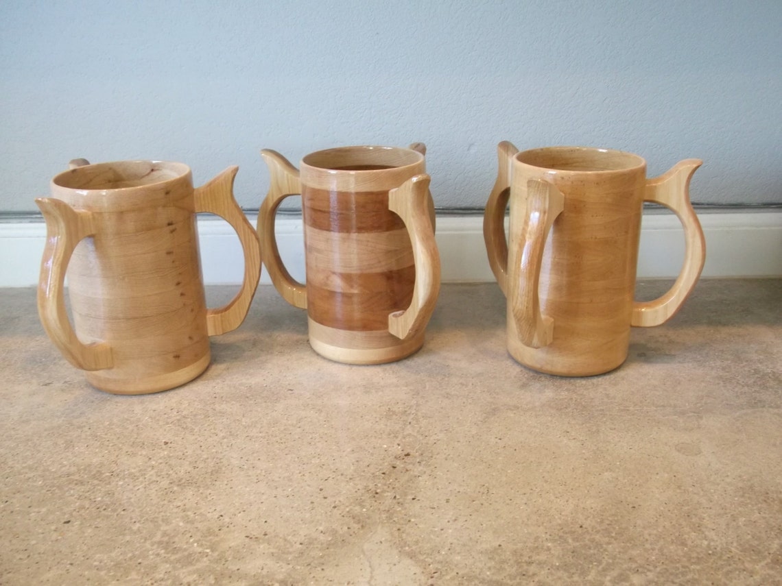 Handcrafted 3 Handled Wood Mug Hickory 64 oz Tankard Beer | Etsy