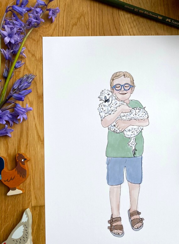 Hen Hug Chicken Art Print Boy With Pet Hen Silkie Chicken | Etsy