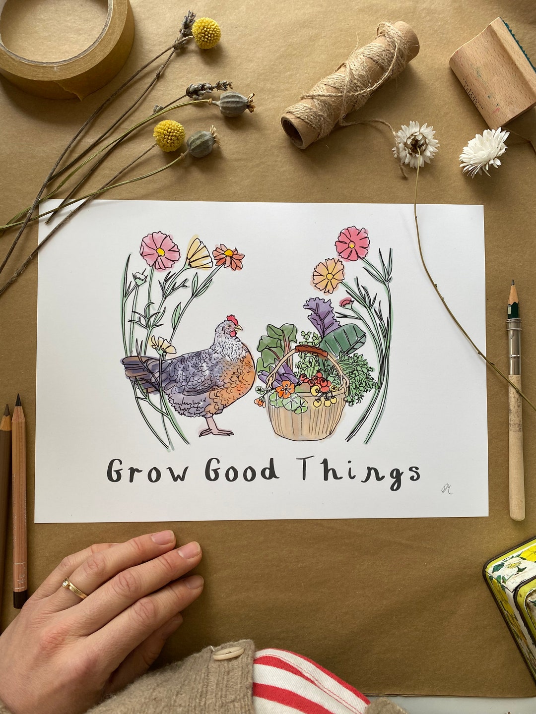 Grow Good Things Chicken Art Print, Allotment Art Print, Gardening Art ...