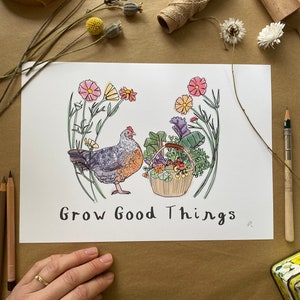 Grow Good Things Chicken Art Print, Allotment Art Print, Gardening Art ...