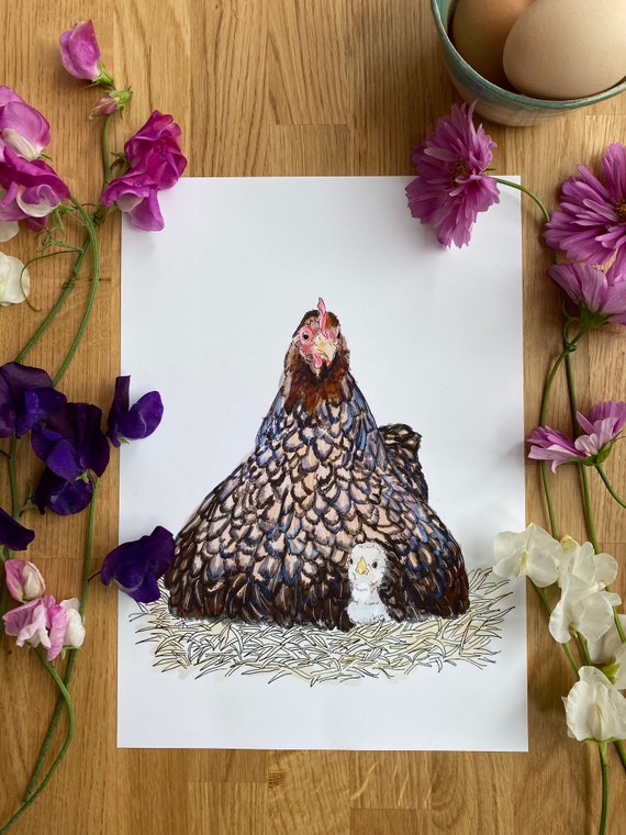 Mother Hen Art Print Chicken Art Print Mama Hen Art. | Etsy