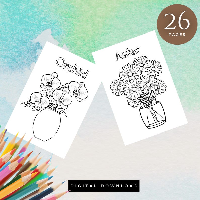 Flower Coloring Pages With Names, A to Z, 26 Flowers, Relaxing, Stress ...