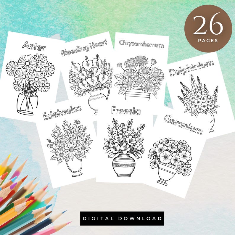 Flower Coloring Pages With Names, A to Z, 26 Flowers, Relaxing, Stress ...