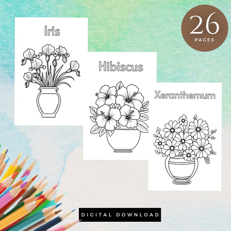 Flower Coloring Pages With Names, A to Z, 26 Flowers, Relaxing, Stress ...