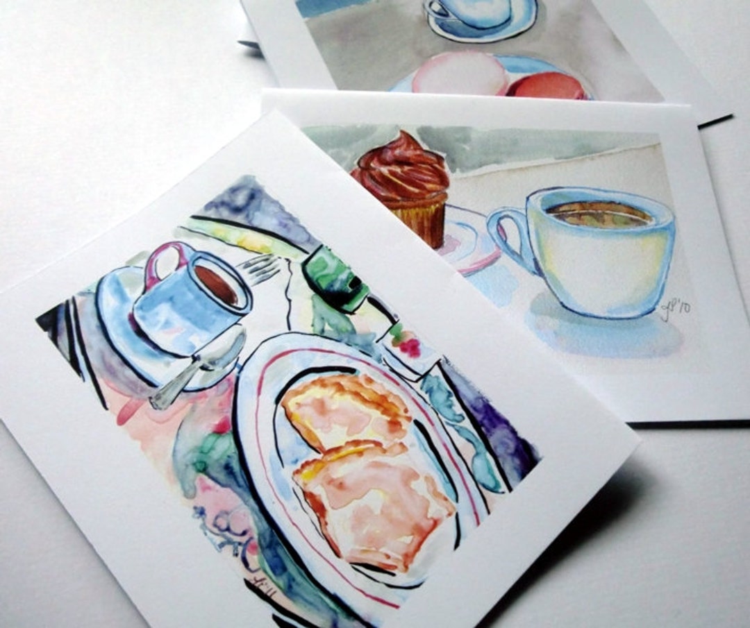 Blank Cafe Cards - Coffee Scenes Watercolor Art Notecards, Set of 4 - Etsy